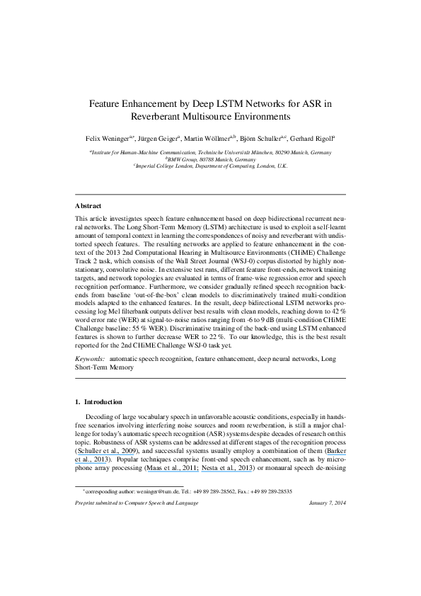 Pdf Feature Enhancement By Deep Lstm Networks For Asr In Reverberant