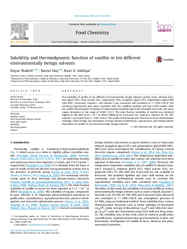 (PDF) Solubility and thermodynamic function of vanillin in ten ...
