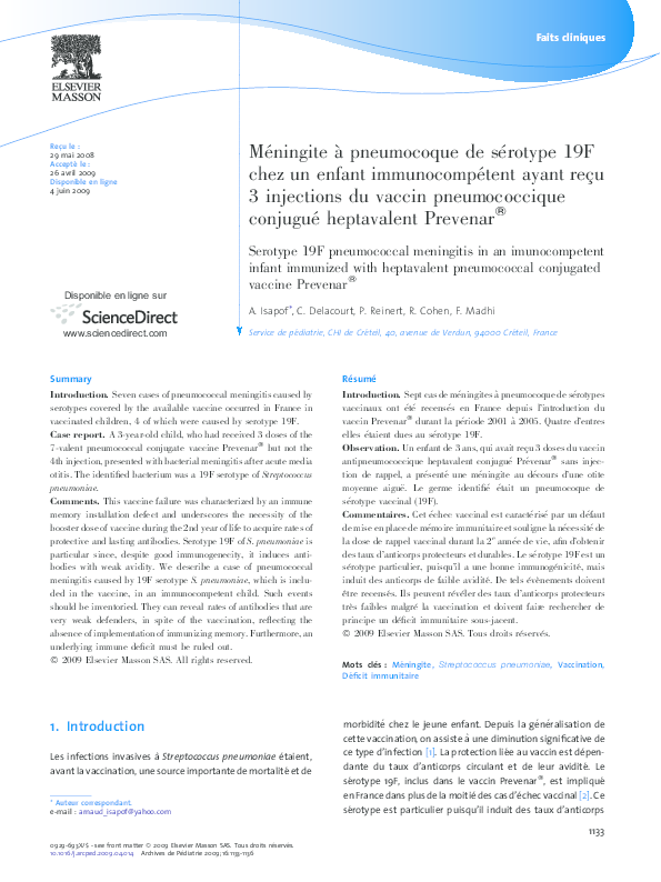 (PDF) Méningite à pneumocoque de sérotype 19F chez un enfant ...