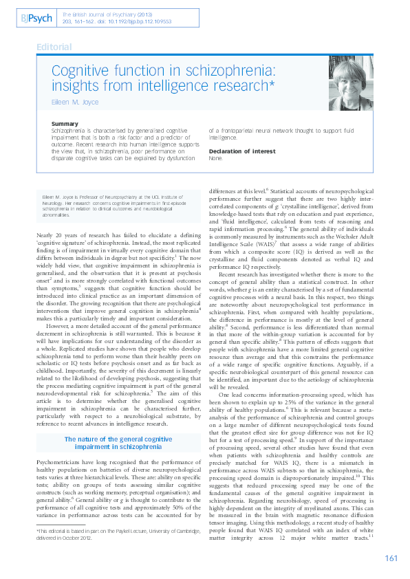 (PDF) Cognitive function in schizophrenia: insights from intelligence ...