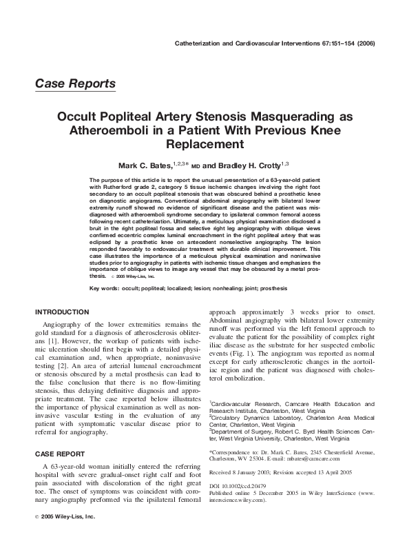 (PDF) Occult popliteal artery stenosis masquerading as atheroemboli in ...