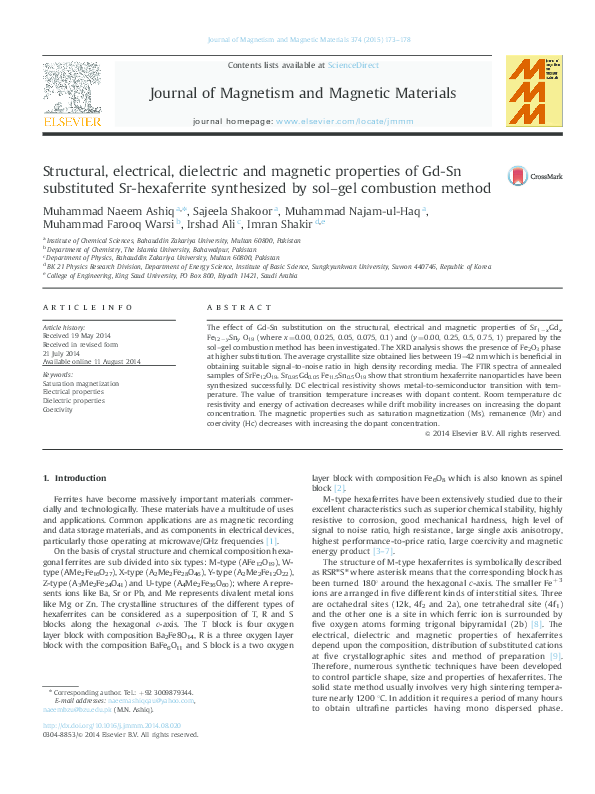 (PDF) Structural, electrical, dielectric and magnetic properties of Gd-Sn substituted Sr ...