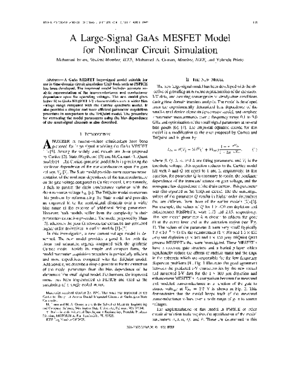 Pdf A Large Signal Gaas Mesfet Model For Nonlinear Circuit Simulation