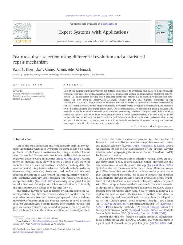 (PDF) Feature Subset Selection Using Differential Evolution