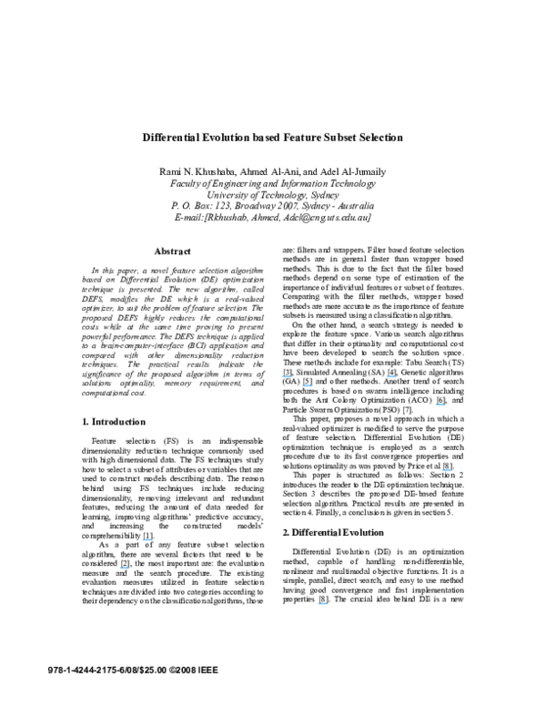 (PDF) Differential evolution basedfeature subset selection