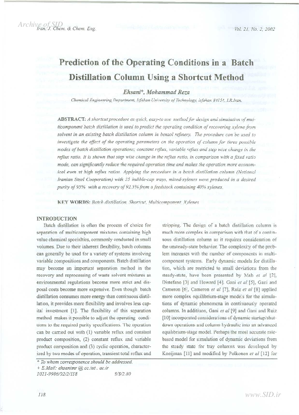 (PDF) Prediction of the Operating Conditions in a Batch Distillation Column Using a Shortcut Method