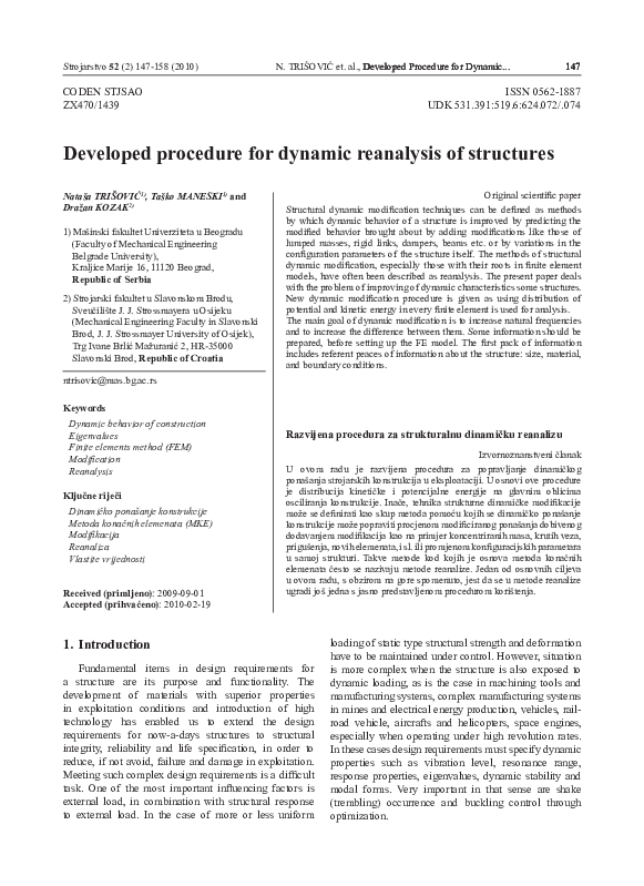 Pdf Developed Procedure For Dynamic Reanalysis Of Structures 