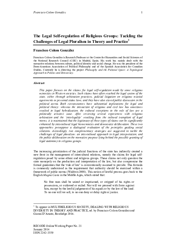 (PDF) THE LEGAL SELF-REGULATION OF RELIGIOUS GROUPS. Tackling the ...