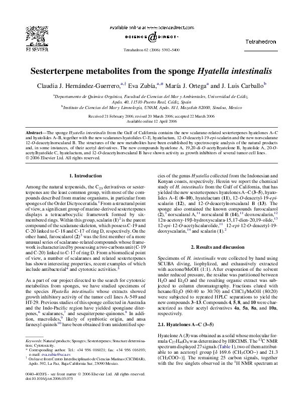 (PDF) Sesterterpene metabolites from the sponge Hyatella intestinalis