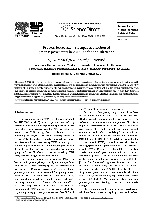 (PDF) Process forces and heat input as function of process parameters in AA5083 friction stir welds