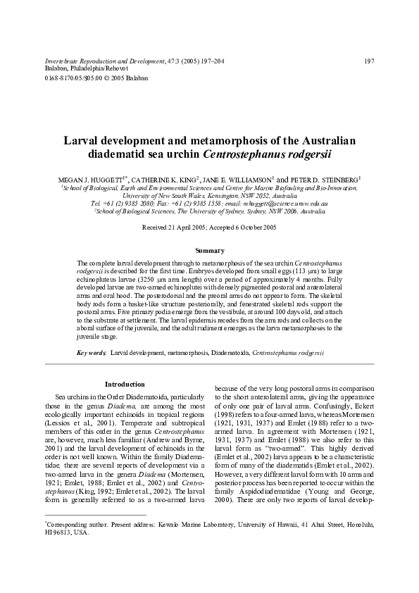 (PDF) Larval development and metamorphosis of the Australian diadematid ...