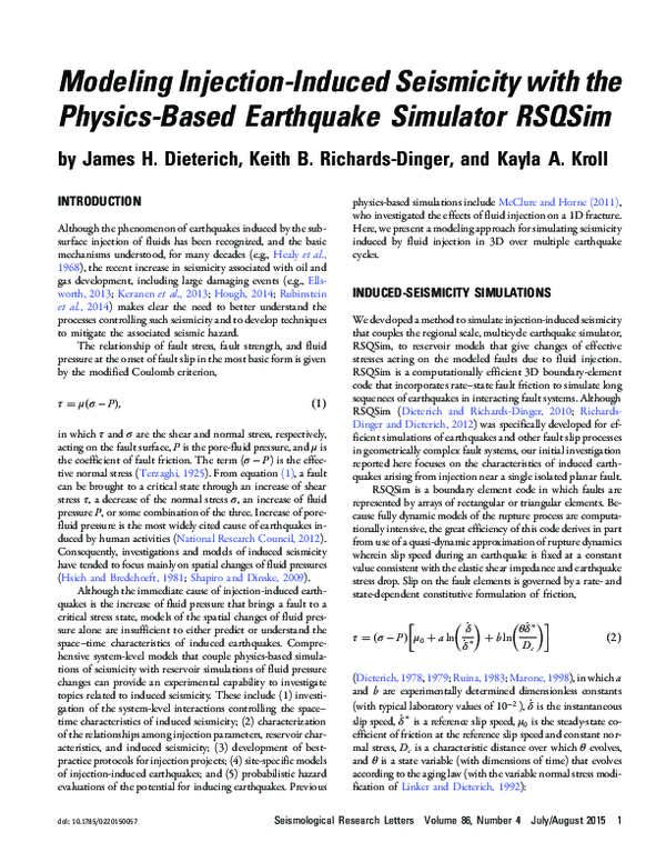 Pdf Modeling Injection Induced Seismicity With The Physics Based Earthquake Simulator Rsqsim