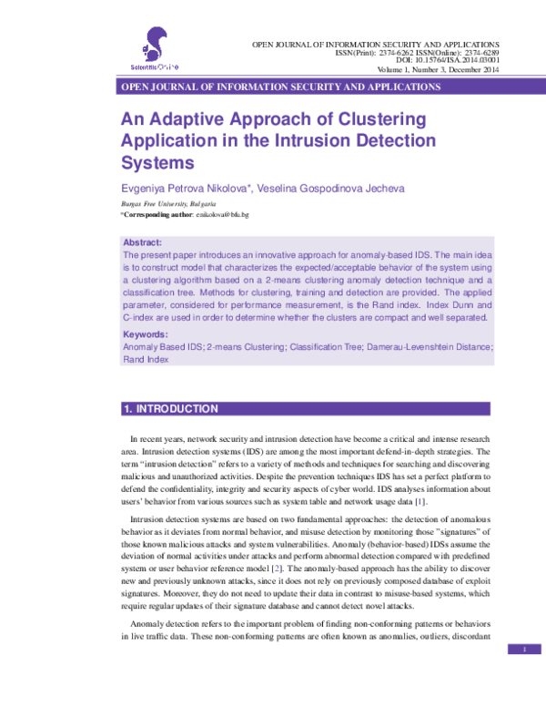 Pdf An Adaptive Approach Of Clustering Application In The Intrusion Detection Systems