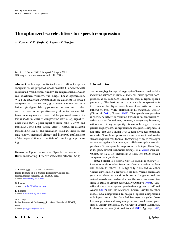 Pdf The Optimized Wavelet Filters For Speech Compression