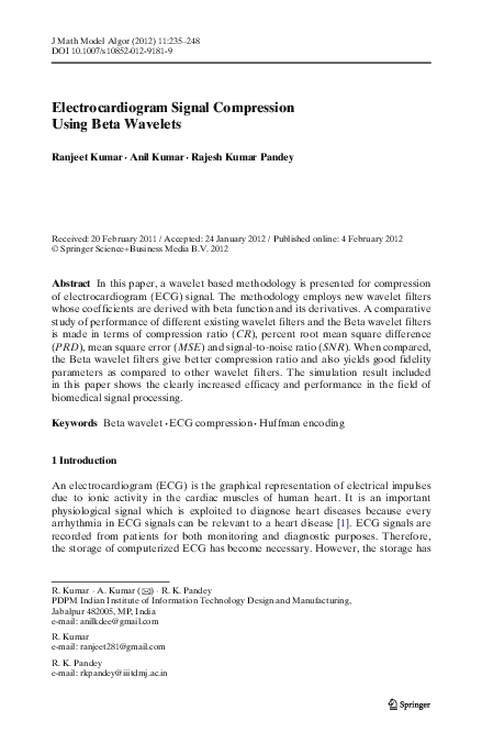 (PDF) Electrocardiogram Signal Compression Using Beta Wavelets