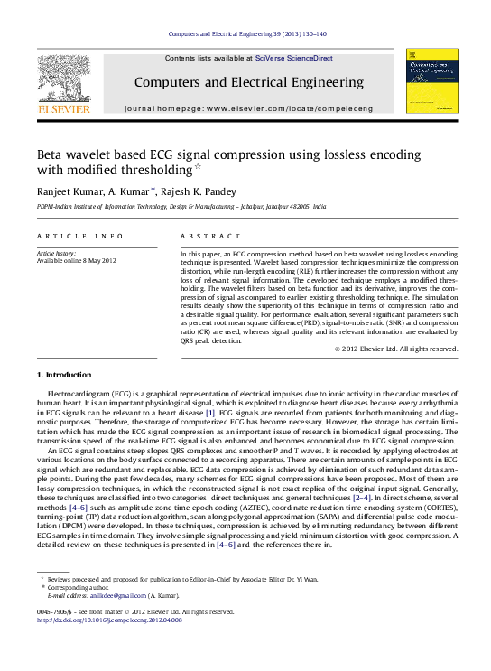 Pdf Beta Wavelet Based Ecg Signal Compression Using Lossless Encoding With Modified Thresholding