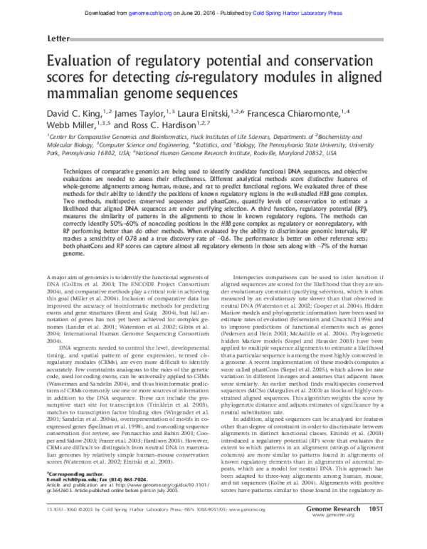 Pdf Evaluation Of Regulatory Potential And Conservation Scores For