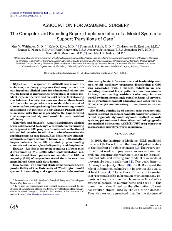 (PDF) The Computerized Rounding Report: Implementation of a Model ...