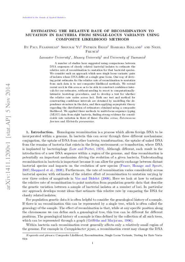 (PDF) Estimating the relative rate of recombination to mutation in bacteria from single-locus ...