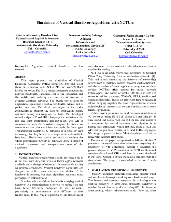 (PDF) Simulation of vertical handover algorithms with NCTUns