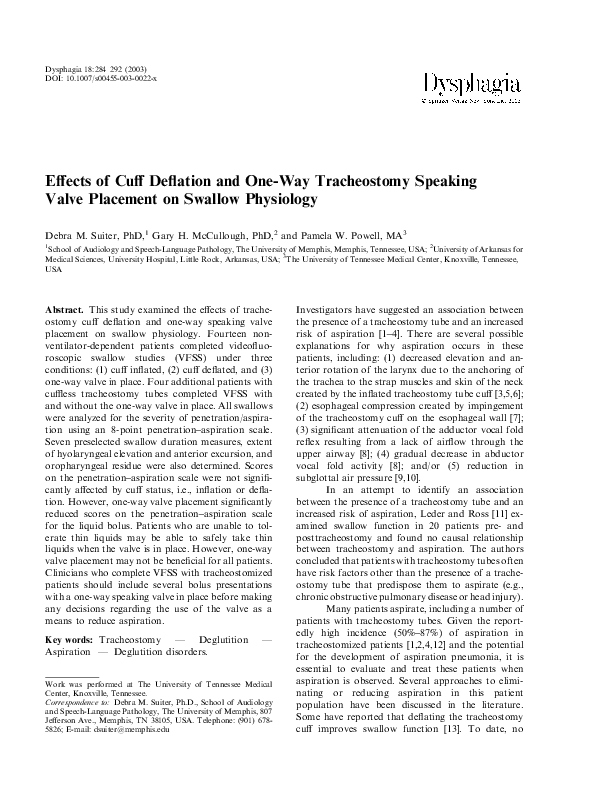(PDF) Effects of Cuff Deflation and One-Way Tracheostomy Speaking Valve ...