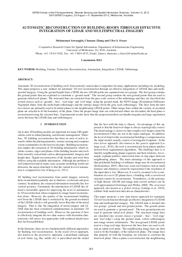 Pdf Automatic Reconstruction Of Building Roofs Through Effective Integration Of Lidar And