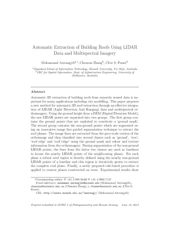 Pdf Automatic Extraction Of Building Roofs Using Lidar Data And Multispectral Imagery