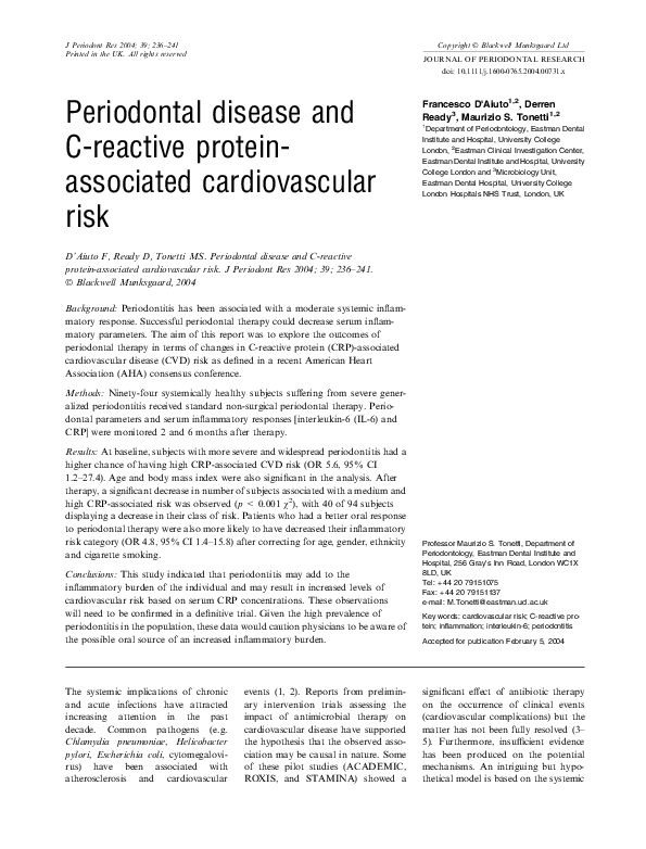 (PDF) Periodontal disease and C-reactive protein-associated ...