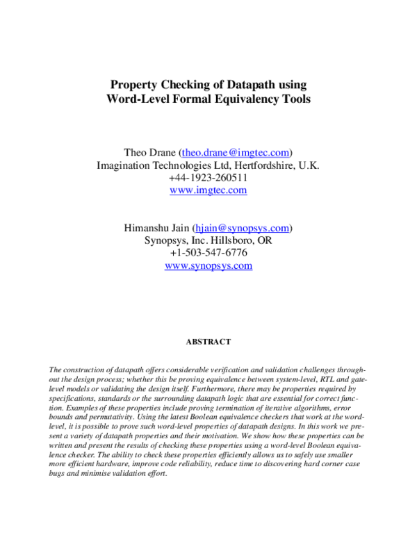 Pdf Property Checking Of Datapath Using Word Level Formal Equivalency Tools 5866