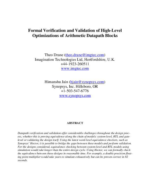 Pdf Formal Verification And Validation Of High Level Optimizations Of Arithmetic Datapath Blocks