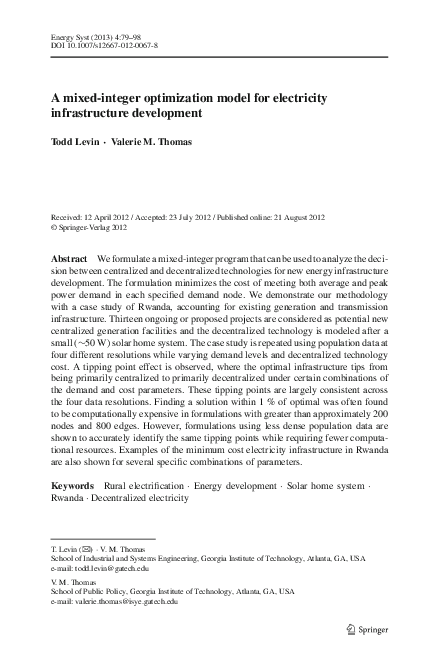 Pdf A Mixed Integer Optimization Model For Electricity Infrastructure Development