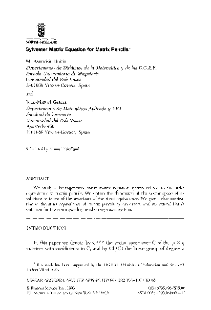 Pdf Sylvester Matrix Equation For Matrix Pencils
