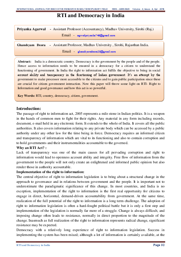 (PDF) RTI and Democracy in India RTI and Democracy in India