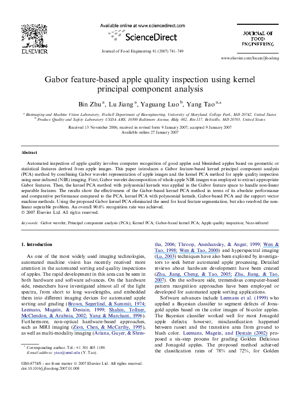 (PDF) Gabor feature-based apple quality inspection using kernel principal component analysis