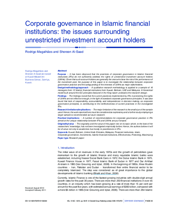 (PDF) Corporate governance in Islamic financial institutions: the ...