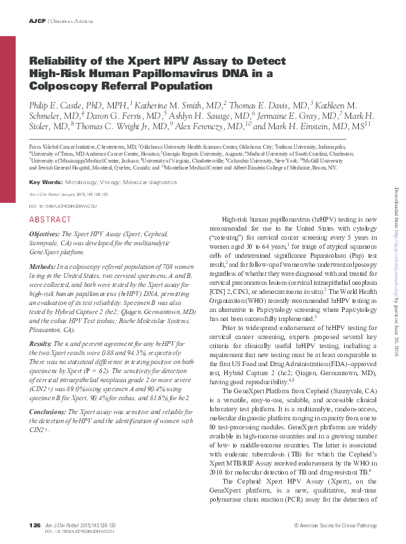 (PDF) Reliability of the Xpert HPV assay to detect high-risk human papillomavirus DNA in a ...