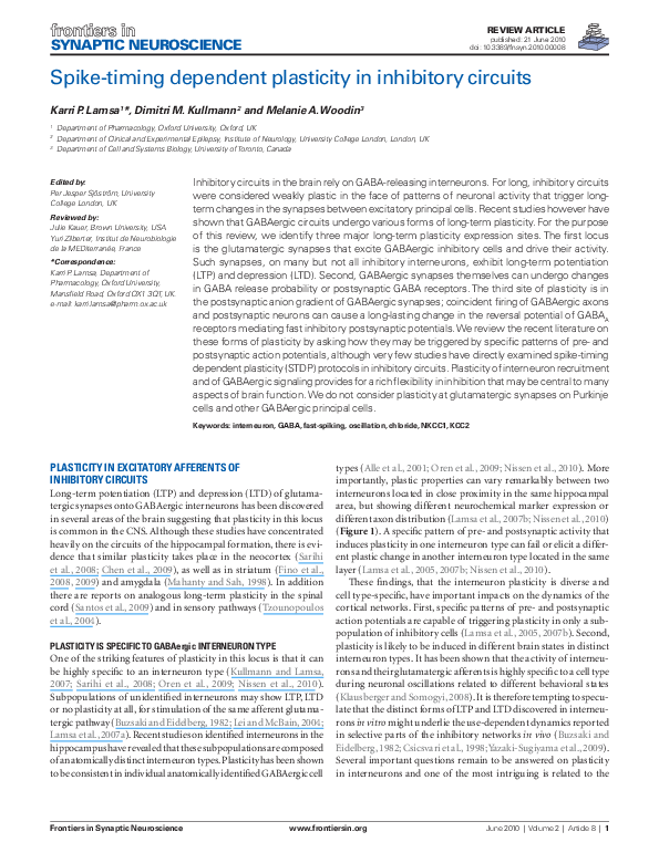 (PDF) Spike-timing dependent plasticity in inhibitory circuits