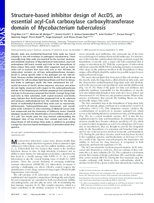 (PDF) Structure-based inhibitor design of AccD5, an essential acyl-CoA ...