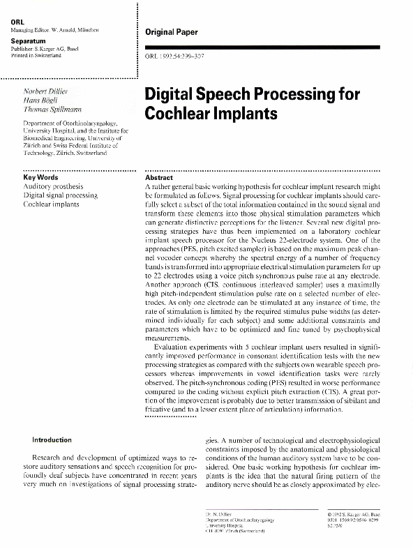 (PDF) Digital Speech Processing for Cochlear Implants