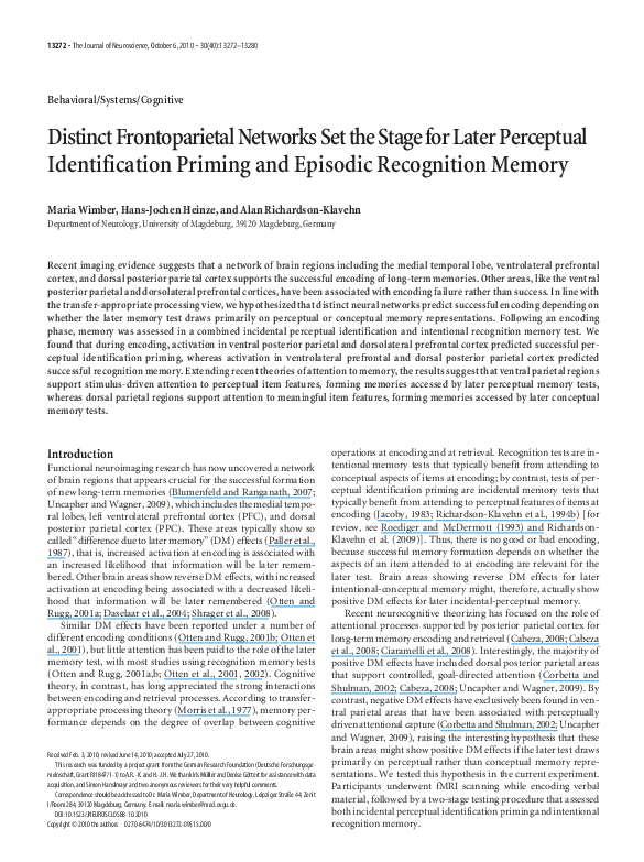 Pdf Distinct Frontoparietal Networks Set The Stage For Later Perceptual Identification Priming
