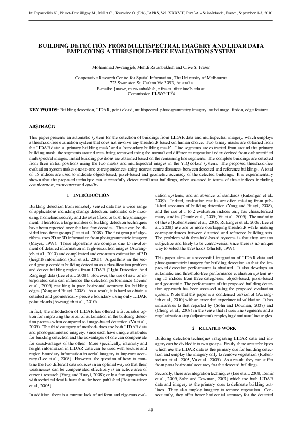 Pdf Building Detection From Multispectral Imagery And Lidar Data Employing A Threshold Free