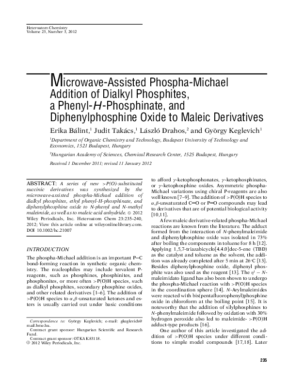 (PDF) Microwave-assisted phospha-Michael addition of dialkyl phosphites ...