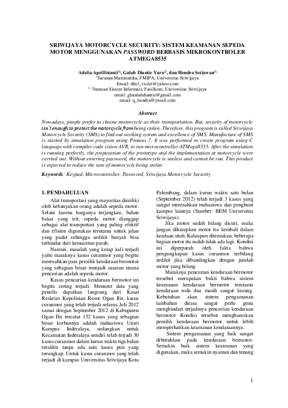 Pdf Sriwijaya Motorcycle Security Sistem Keamanan Sepeda Motor Menggunakan Password Berbasis