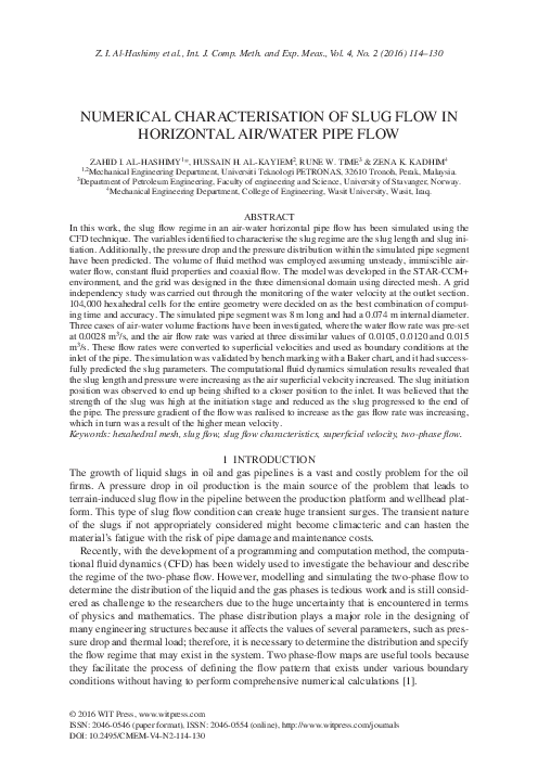 (PDF) NUMERICAL CHARACTERISATION OF SLUG FLOW IN HORIZONTAL AIR/WATER PIPE FLOW