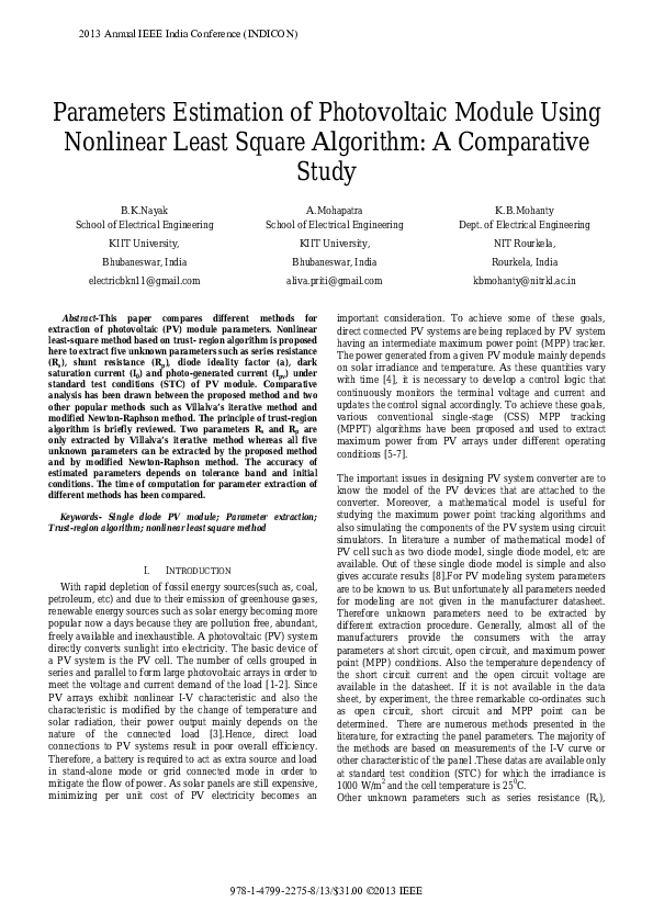 (PDF) Parameters estimation of photovoltaic module using nonlinear least square algorithm: A ...