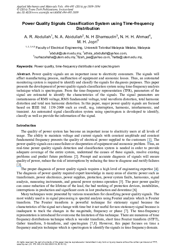 (PDF) Power Quality Signals Classification System Using Time-Frequency Distribution