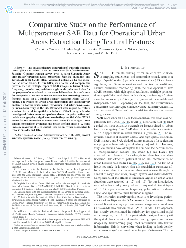 (PDF) Comparative Study on the Performance of Multiparameter SAR Data for Operational Urban ...