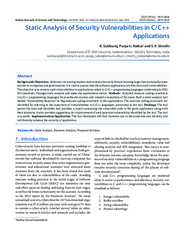 (PDF) Static Analysis of Security Vulnerabilities in C/C++ Applications