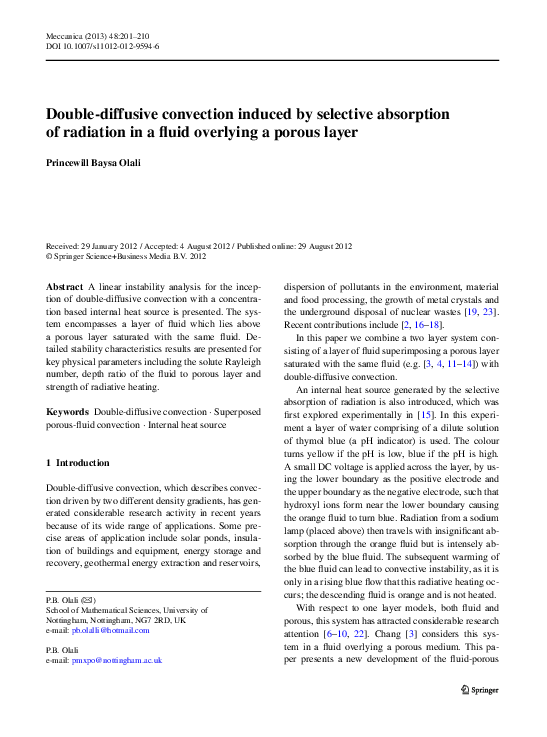 Pdf Double Diffusive Convection Induced By Selective Absorption Of Radiation In A Fluid