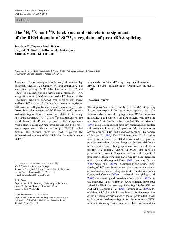 (PDF) The 1H, 13C and 15N backbone and side-chain assignment of the RRM domain of SC35, a ...